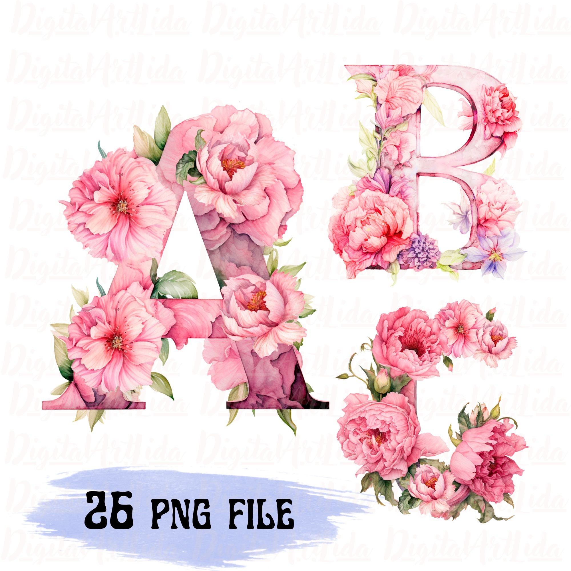 Watercolor Floral Letters Alphabet Clipart: Pink Peonies PNG Set ...