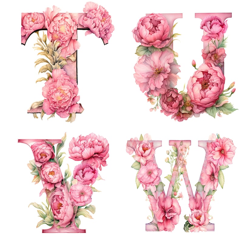 Watercolor Floral Letters Alphabet Clipart: Pink Peonies PNG Set ...