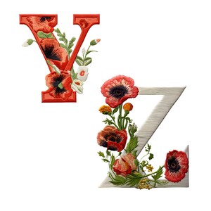 Faux Embroidery PNG Alphabet Bundle, Poppy Flowers Alphabets PNG ...