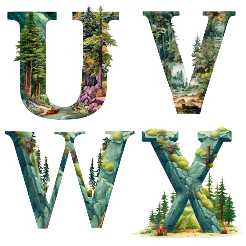 Watercolor Green Woodland Alphabet 26x PNG/ Clip Art Bundle/ Fancy ...