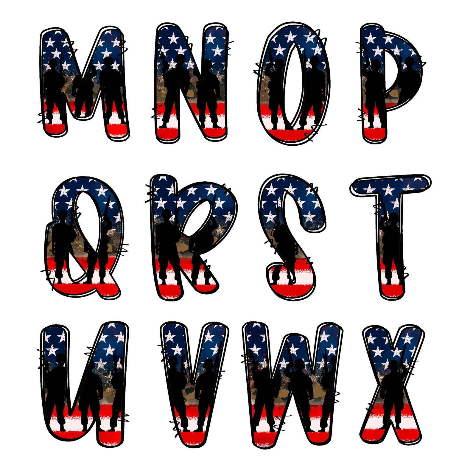 USA Flag Doodle Letters: 4th of July Alphabet Clipart (PNG Digital ...