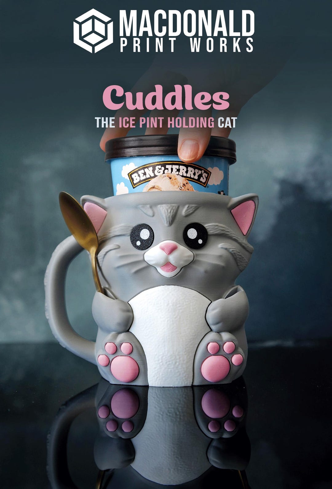 Cuddles the Ice Cream Pint Holder - 3D Printed Kitty Cup With Spoon ...