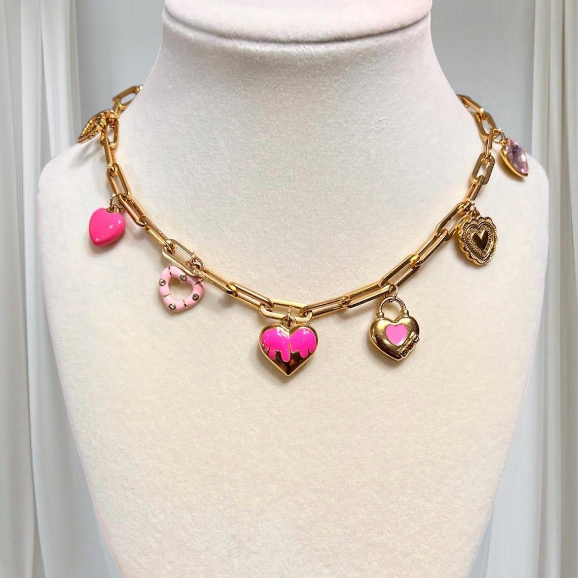 Pink Heart Charms Necklace 18k Gold Plated Stainless Steel Gift for Her ...