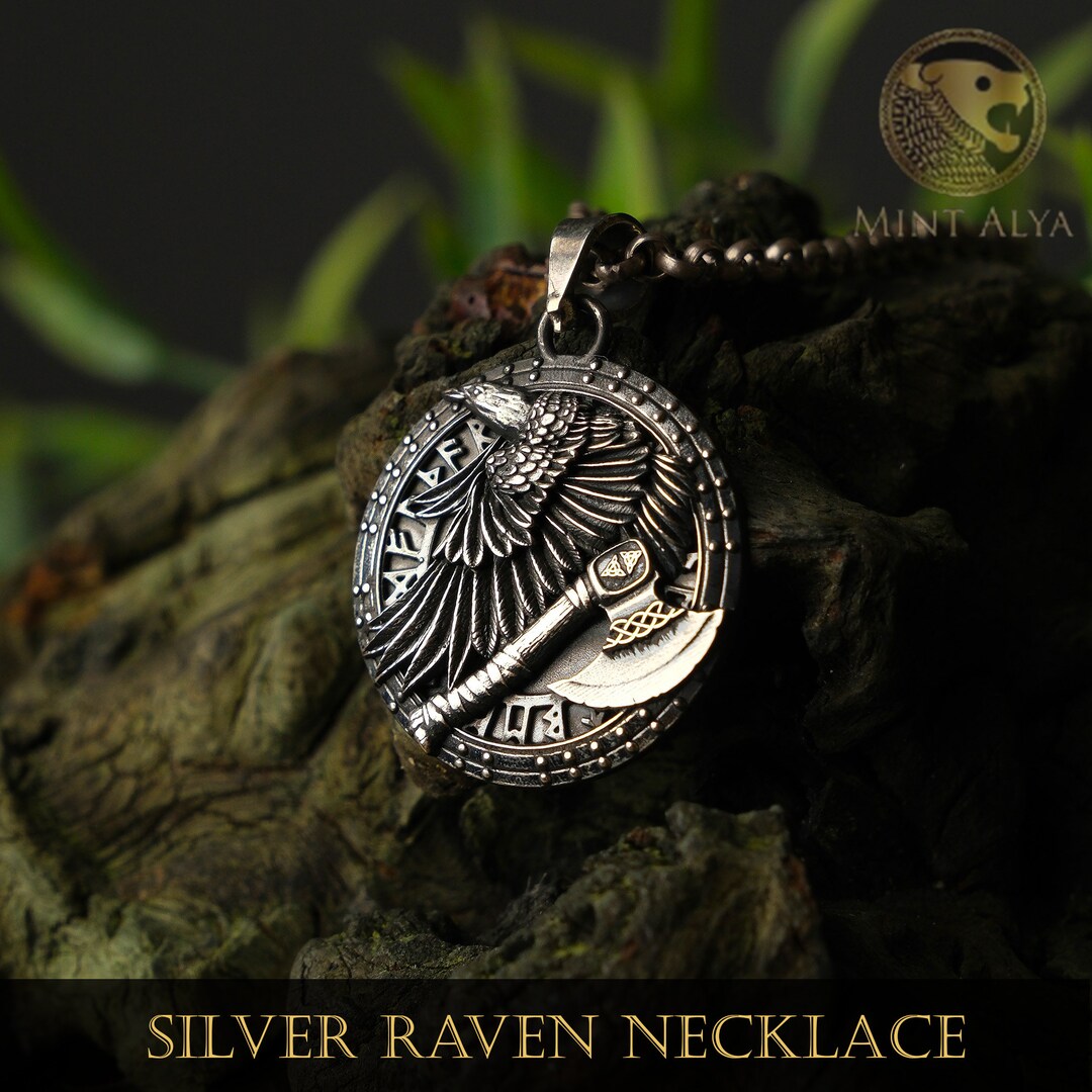 Silver Raven Necklace, Axe and Raven Necklace, Hugin and Munin Pendant ...