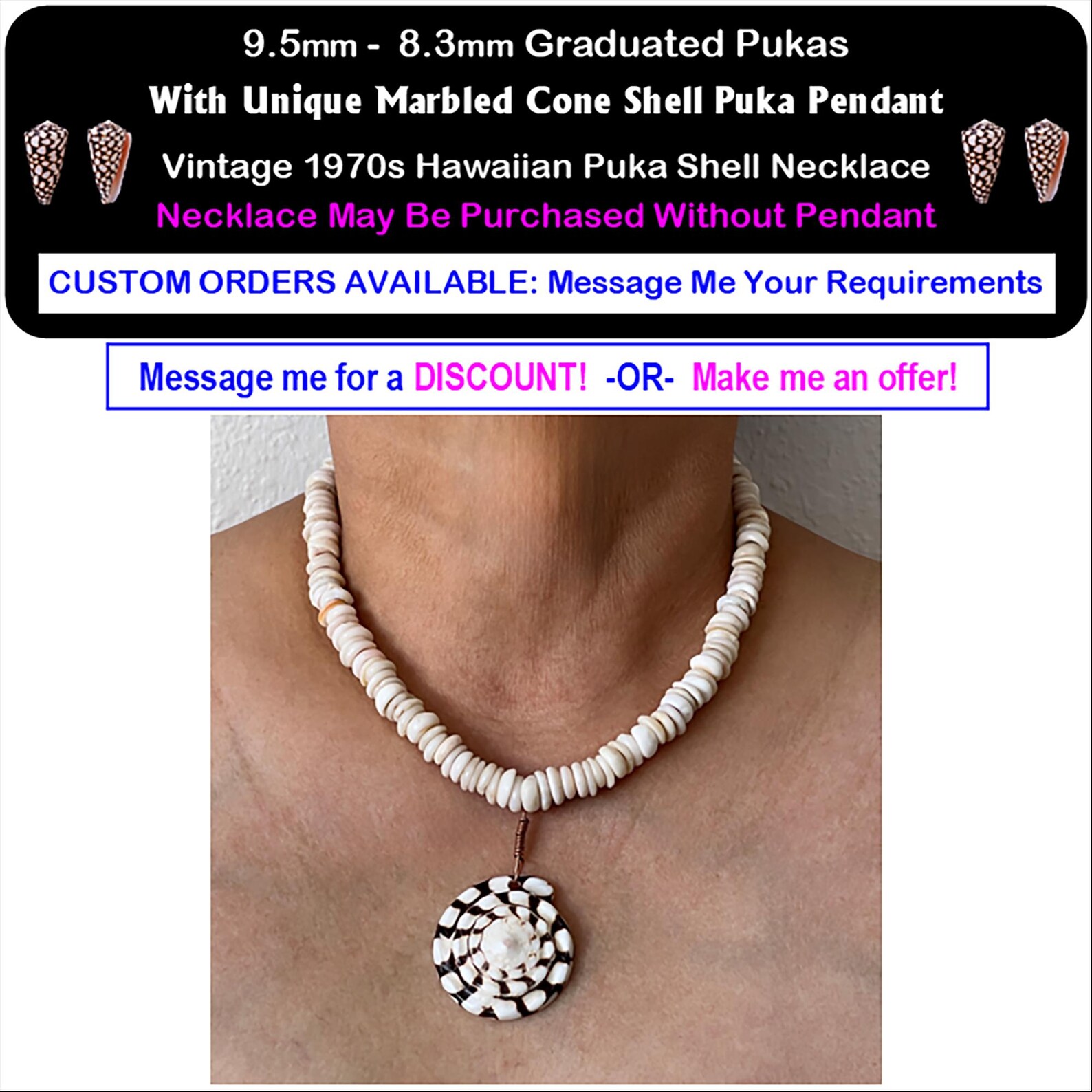 Puka Shell Necklace With Unique Marbled Cone Shell Puka Pendant Vintage ...