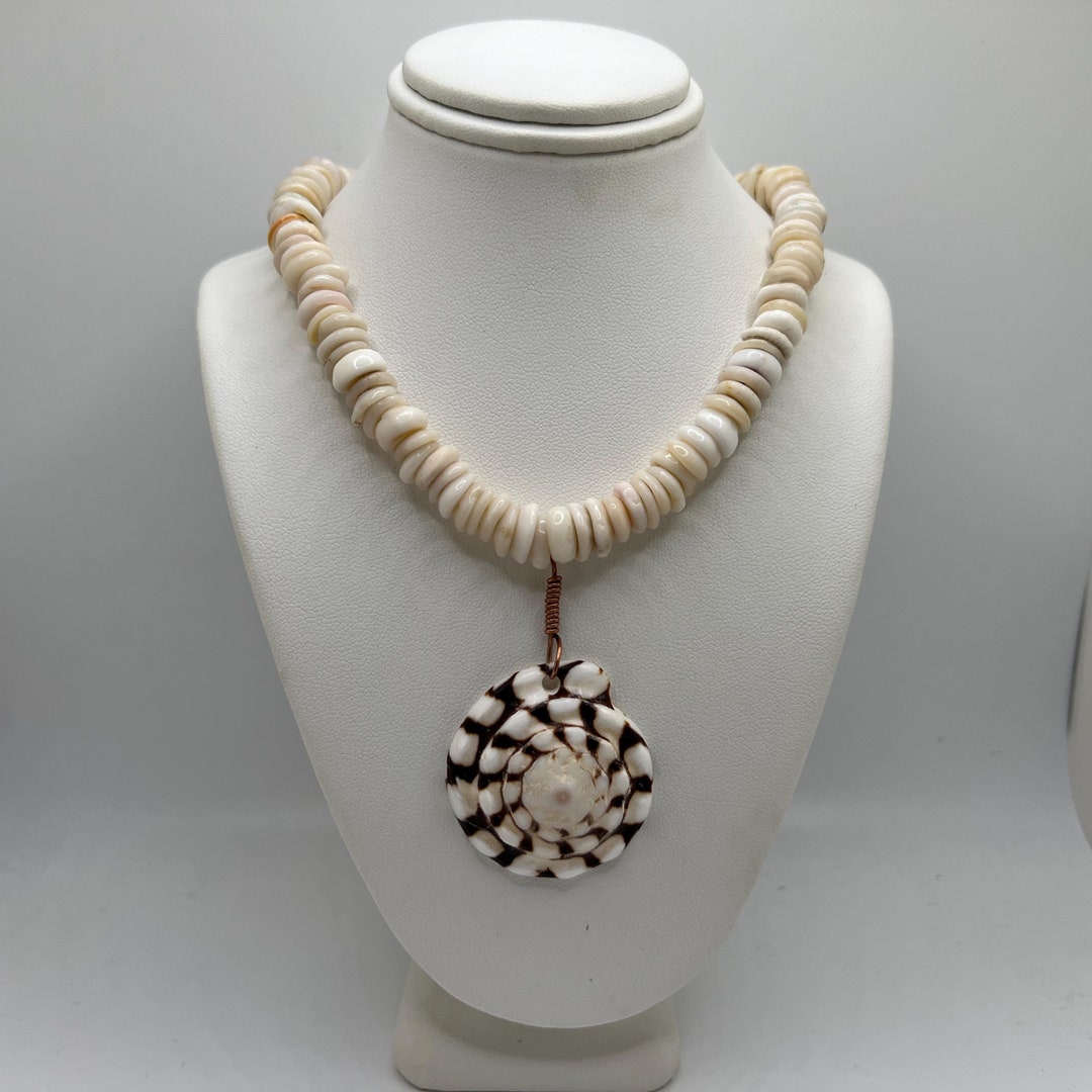 Puka Shell Necklace With Unique Marbled Cone Shell Puka Pendant Vintage ...