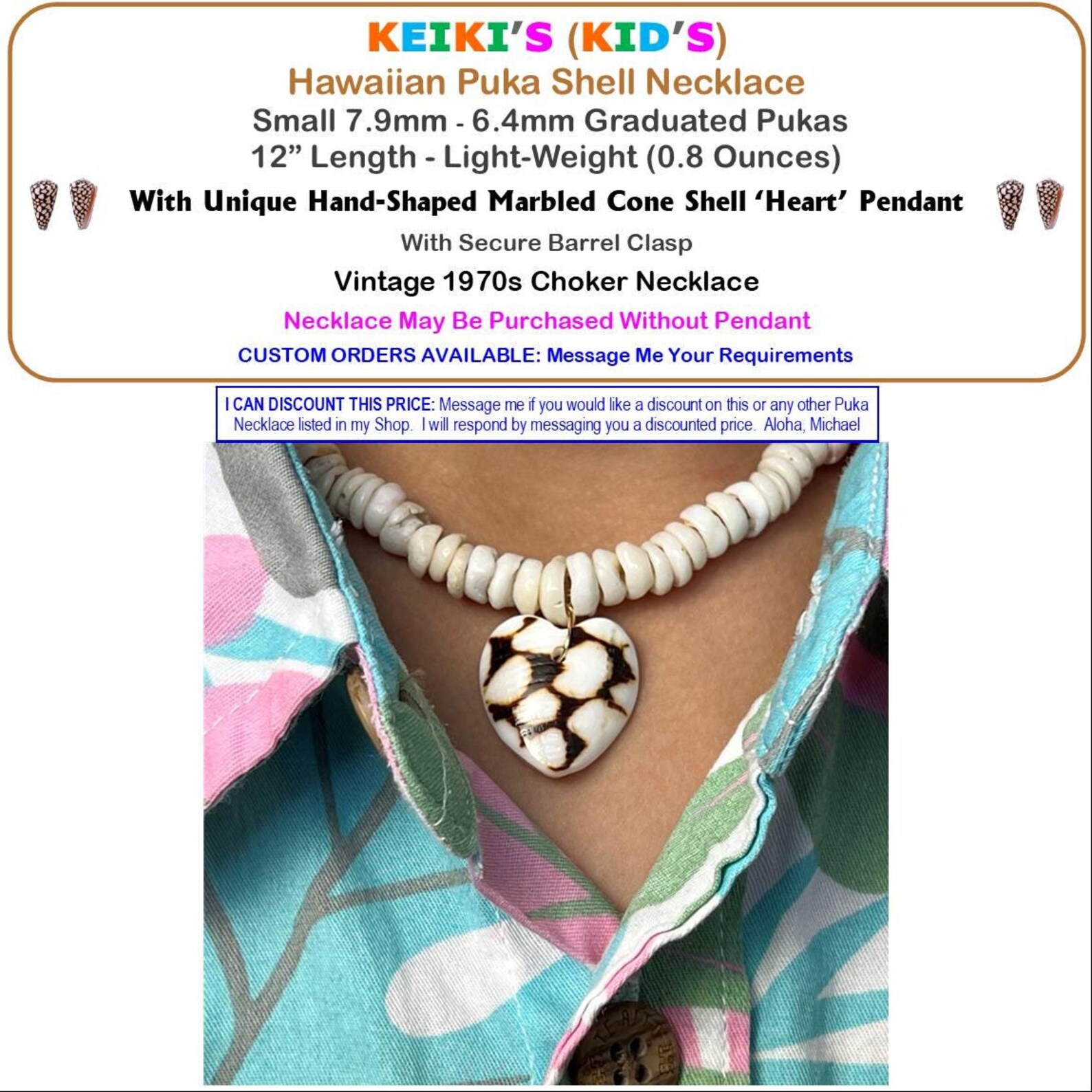 Hawaiian Puka Shell Necklace Lightweight for Keiki-child-kid-toddler W ...