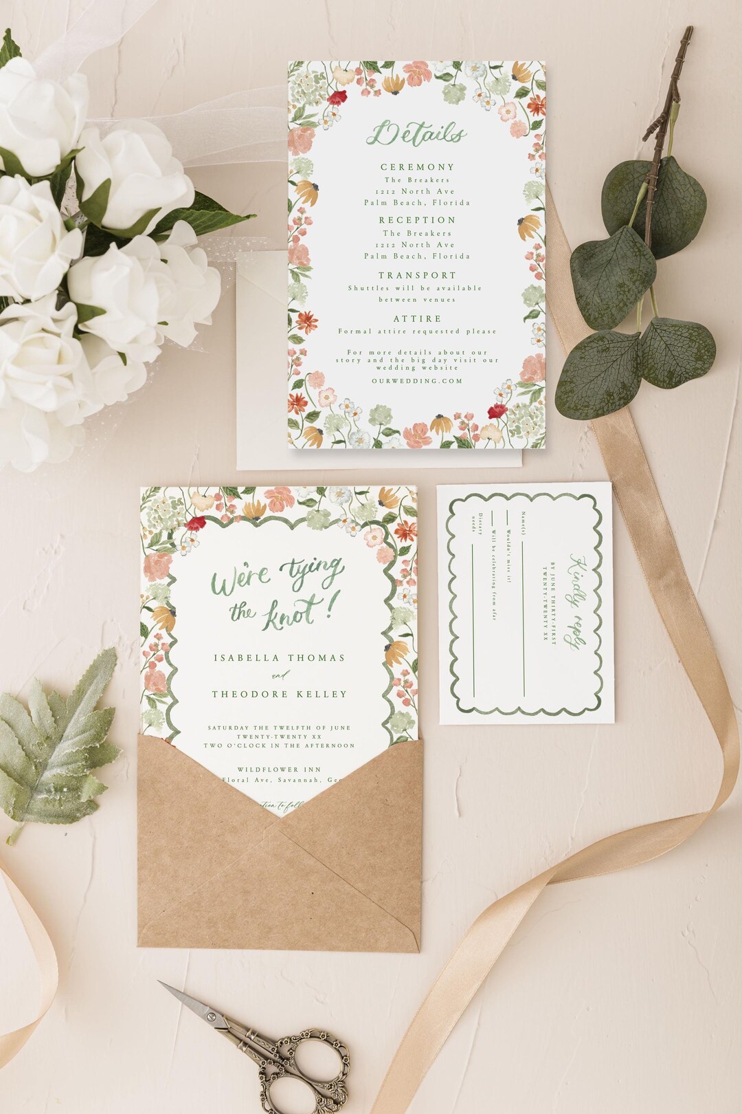 Blush Pink Floral Wedding Invitation, Watercolor Pink Wildflower Invite ...