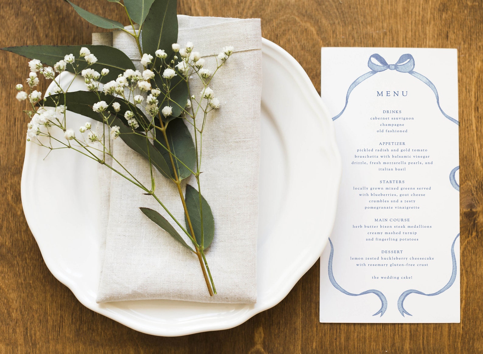 Blue Bow Wedding Menu Template, Wavy Ribbon Rehearsal Dinner Menu ...