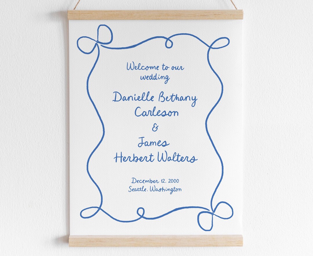 Hand Drawn Bow Wedding Welcome Sign, Wavy Border Welcome Sign ...
