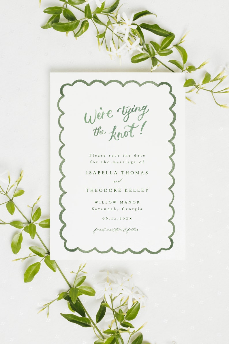 Scalloped Border Save the Date Template, Wavy Green Border Wedding ...