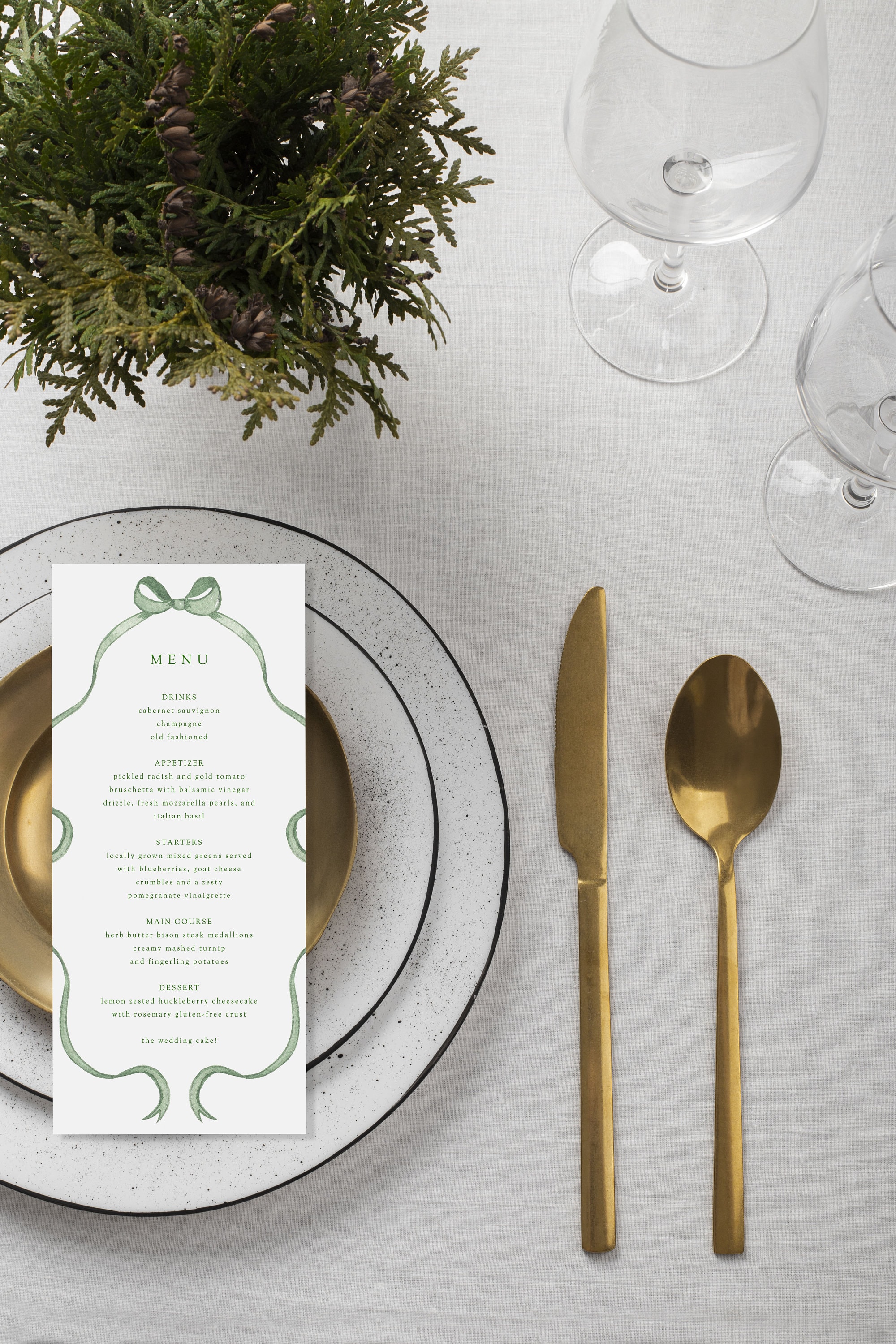 Green Bow Wedding Menu Template, Wavy Ribbon Rehearsal Dinner Menu ...