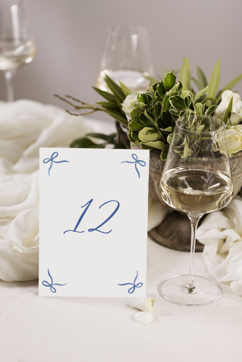 Blue Bow Table Number Template, Editable Wedding Table Numbers, Blue ...