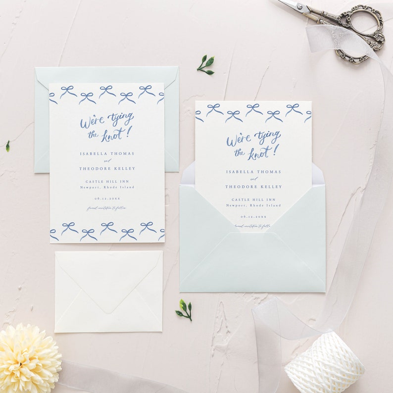 Dainty Blue Bow Save the Date Template, Tying the Knot Wedding Invite ...