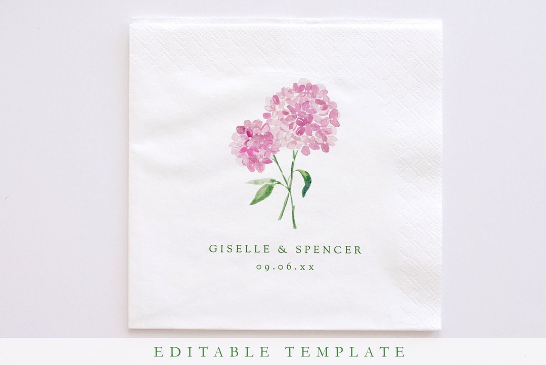 Pink Hydrangea Cocktail Napkin TEMPLATE, Pink Floral Wedding Napkin ...
