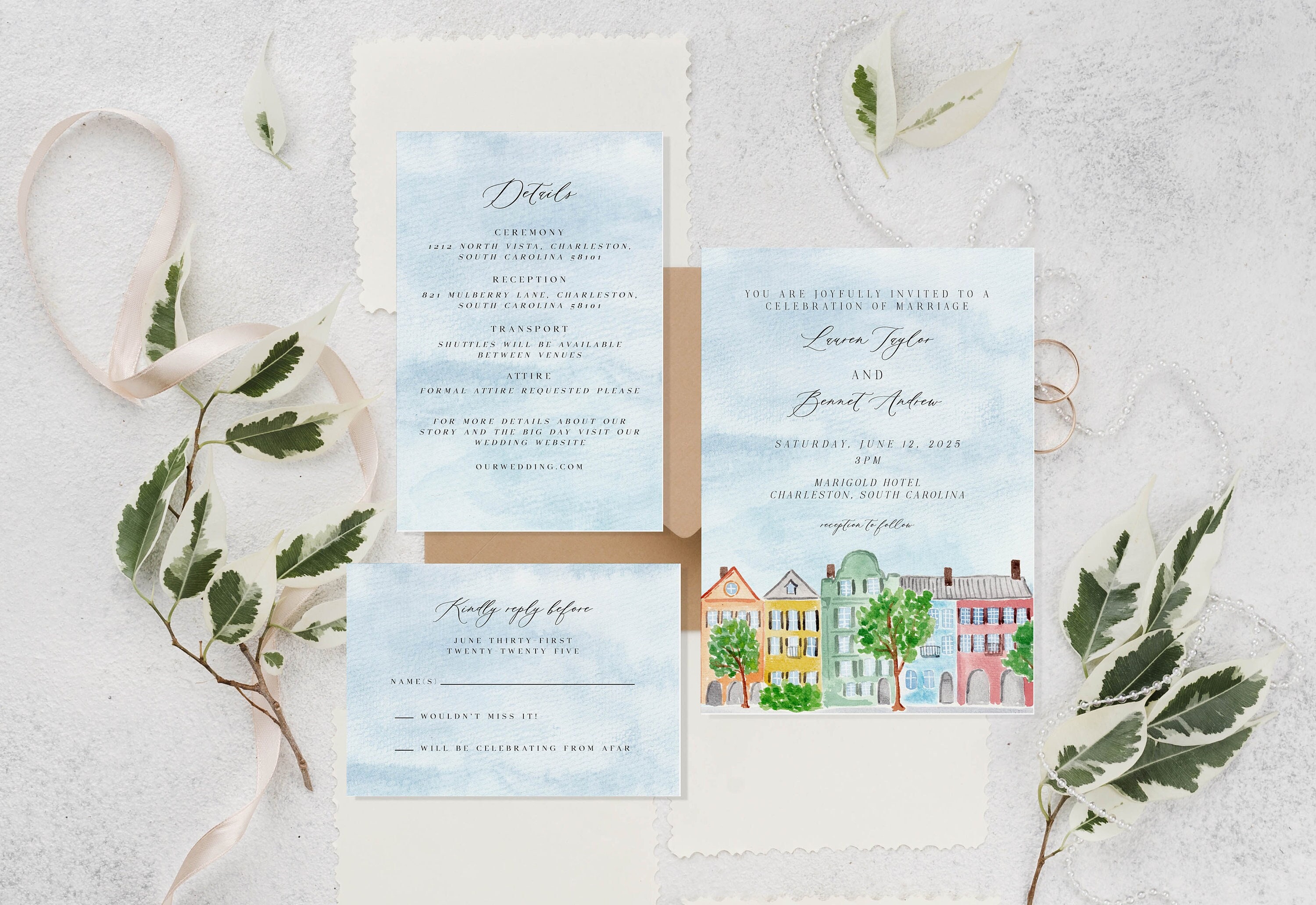 Charleston Wedding Invitation Template, Rainbow Row Invitation, Custom ...