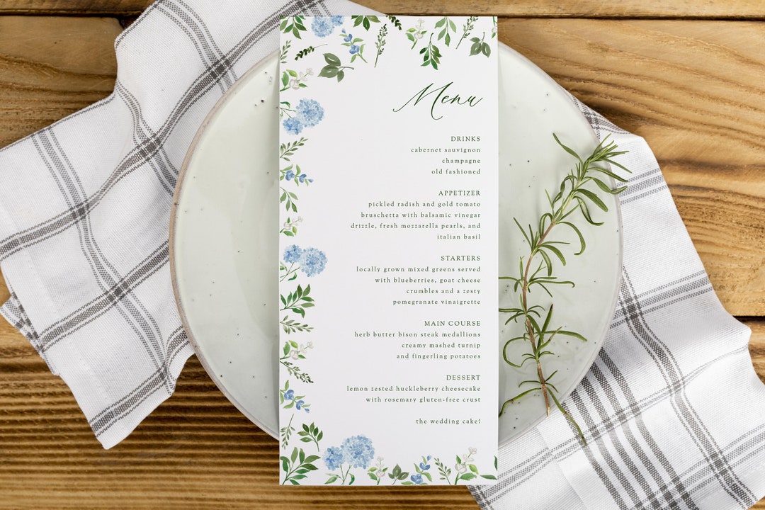 Blue Floral Wedding Menu Template, Watercolor Hydrangea Editable Menu ...