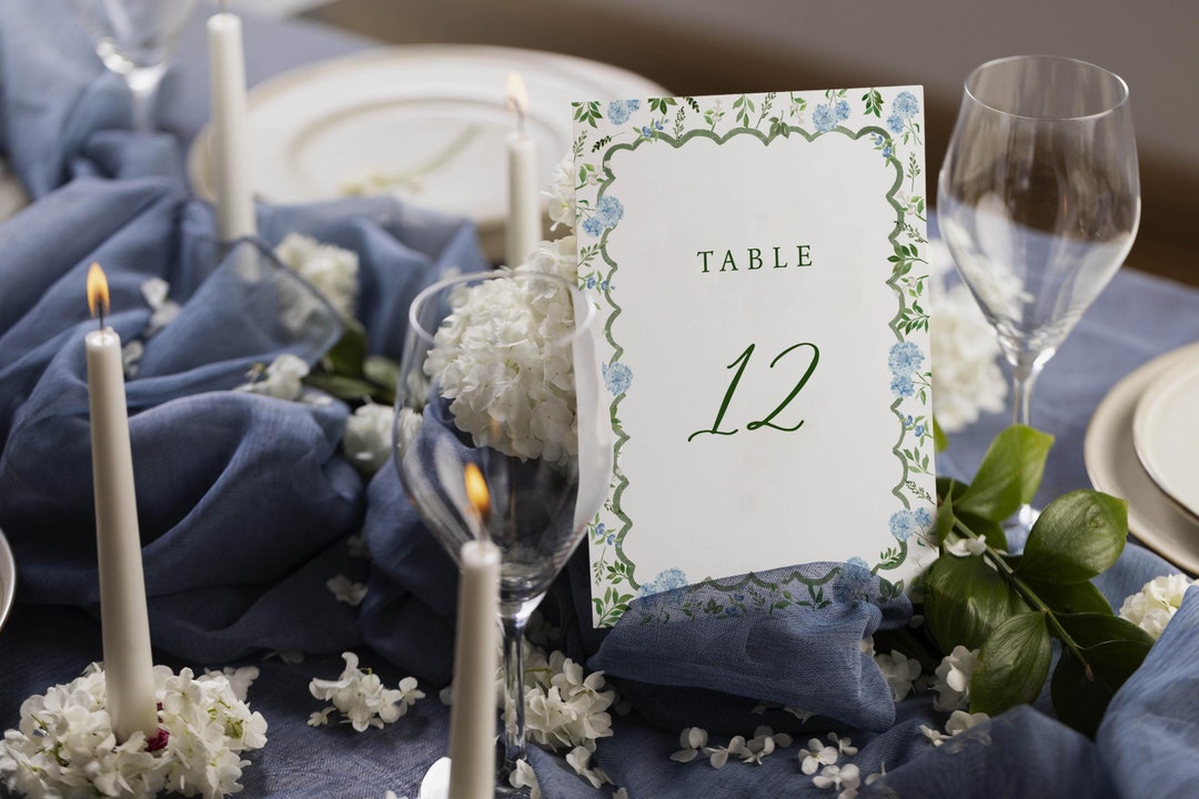 Blue Hydrangea Wedding Table Number, Watercolor Blue Floral Table ...