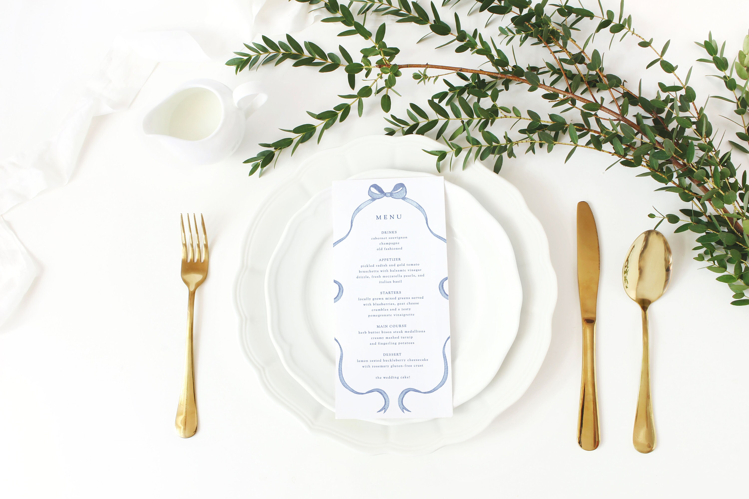 Blue Bow Wedding Menu Template, Wavy Ribbon Rehearsal Dinner Menu ...