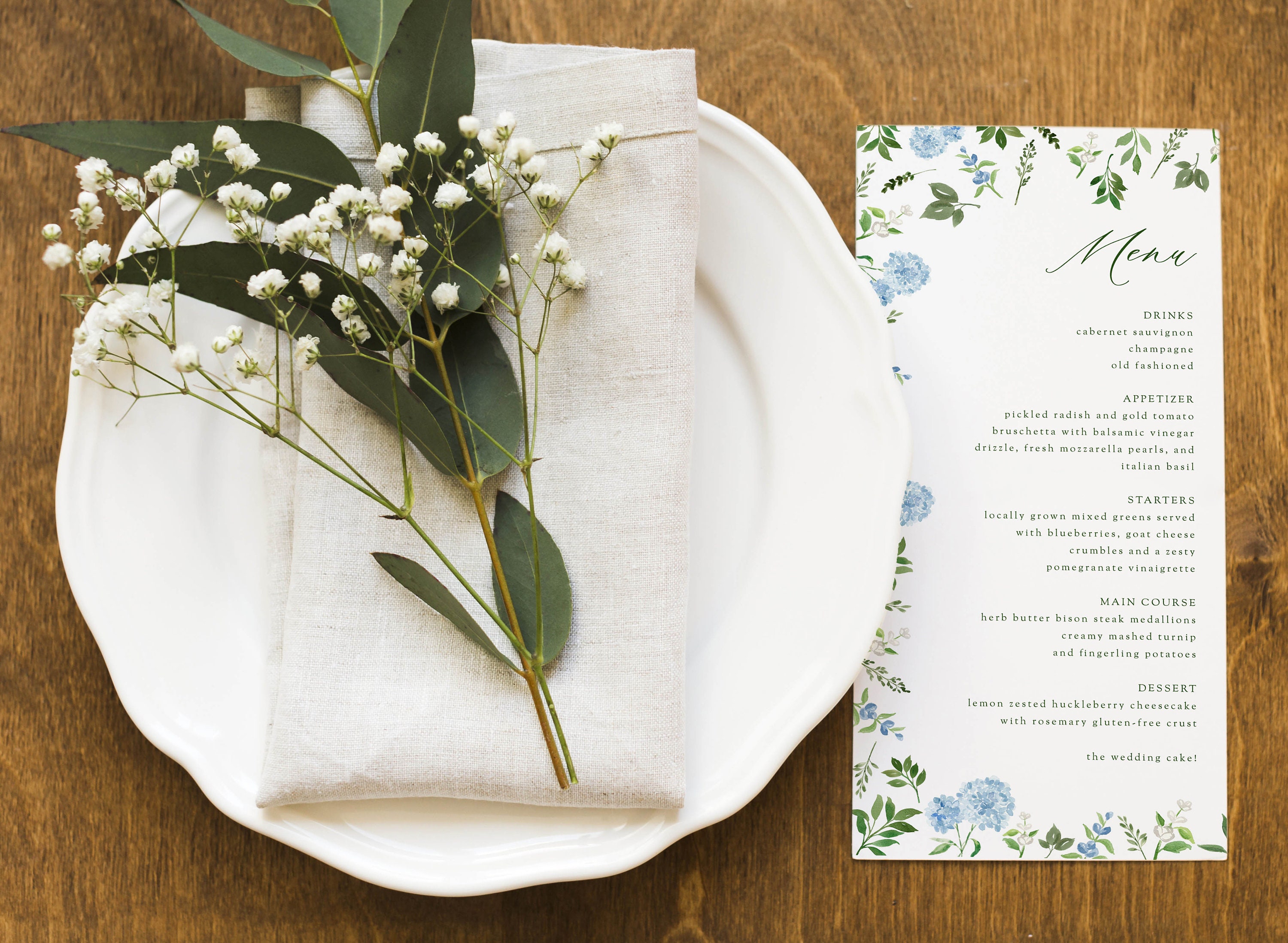 Blue Floral Wedding Menu Template, Watercolor Hydrangea Editable Menu ...