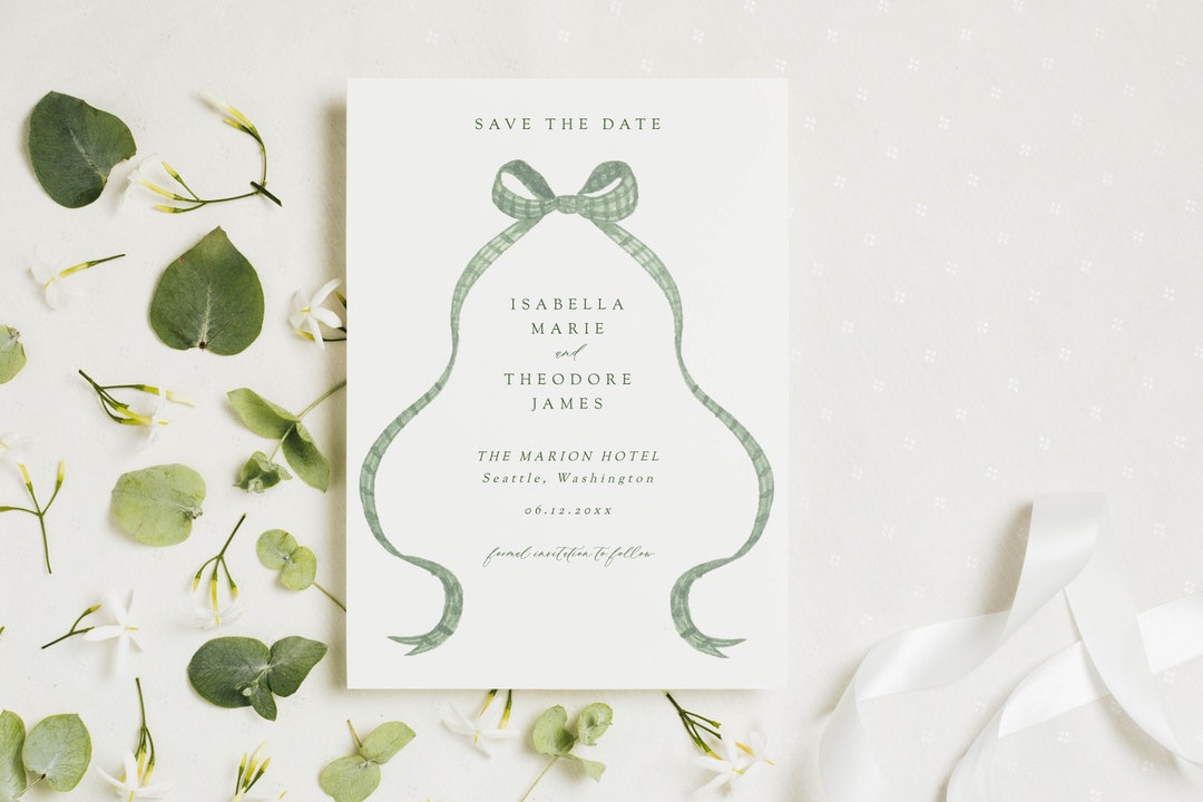 Green Bow Save the Date Template, Editable Gingham Ribbon Invitation ...