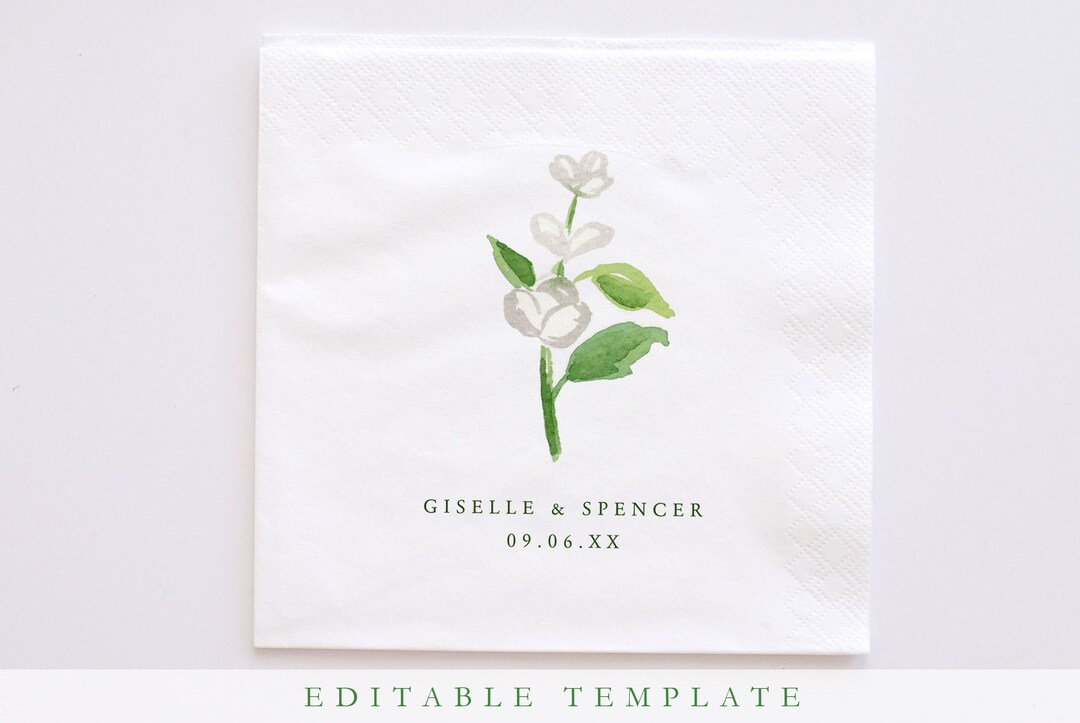 White Floral Cocktail Napkin TEMPLATE, White Flower Wedding Napkin ...