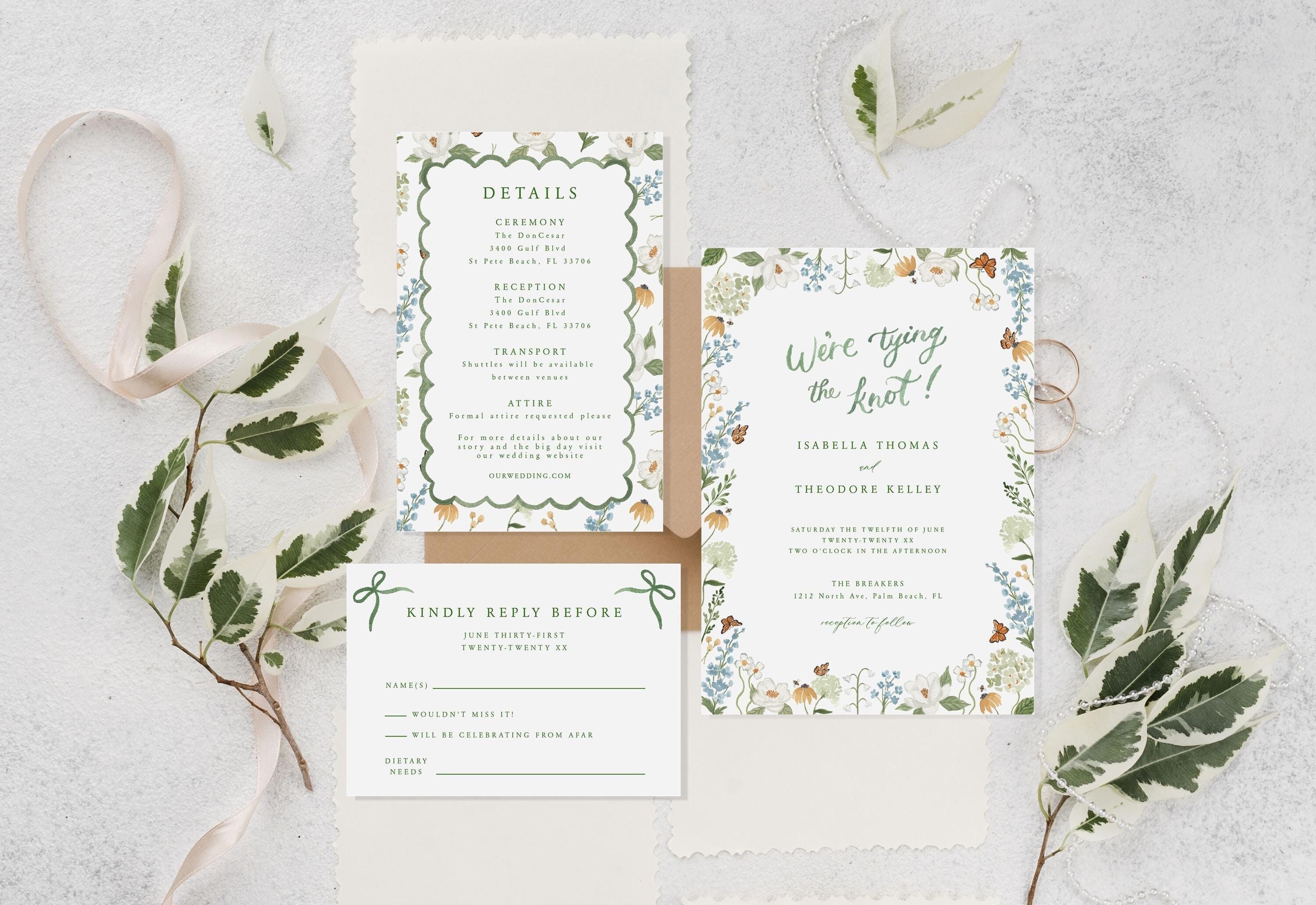 Wildflower Wedding Invitation TEMPLATE, Watercolor Flower and Butterfly ...