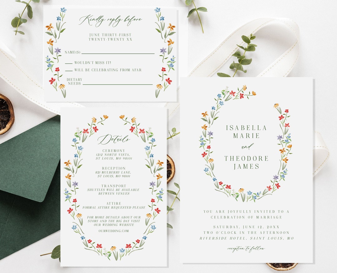 Dainty Wildflower Invitation Template, Watercolor Floral Wedding Invite ...