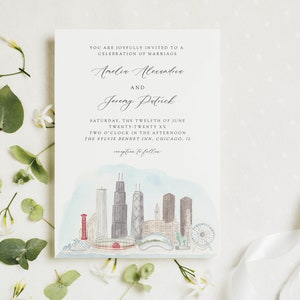 Chicago Skyline Invitation Template, Chicago Wedding Invitation, Watercolor Chicago Invite ...