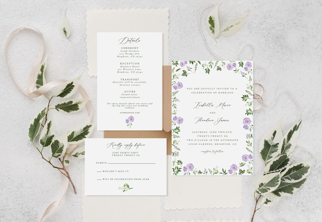 Purple Floral Wedding Invite Template, Lavender Hydrangea Wedding ...