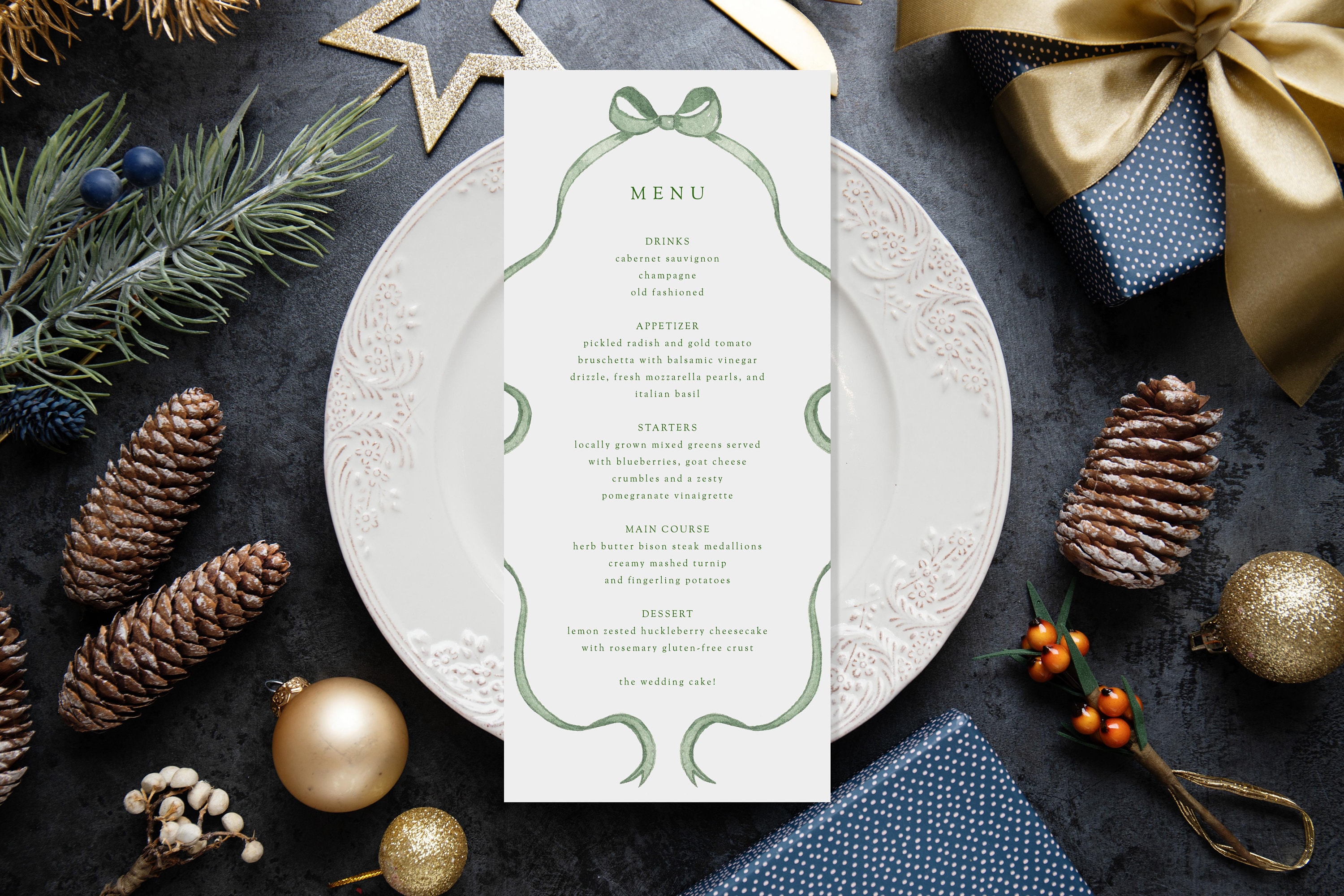 Green Bow Wedding Menu Template, Wavy Ribbon Rehearsal Dinner Menu ...