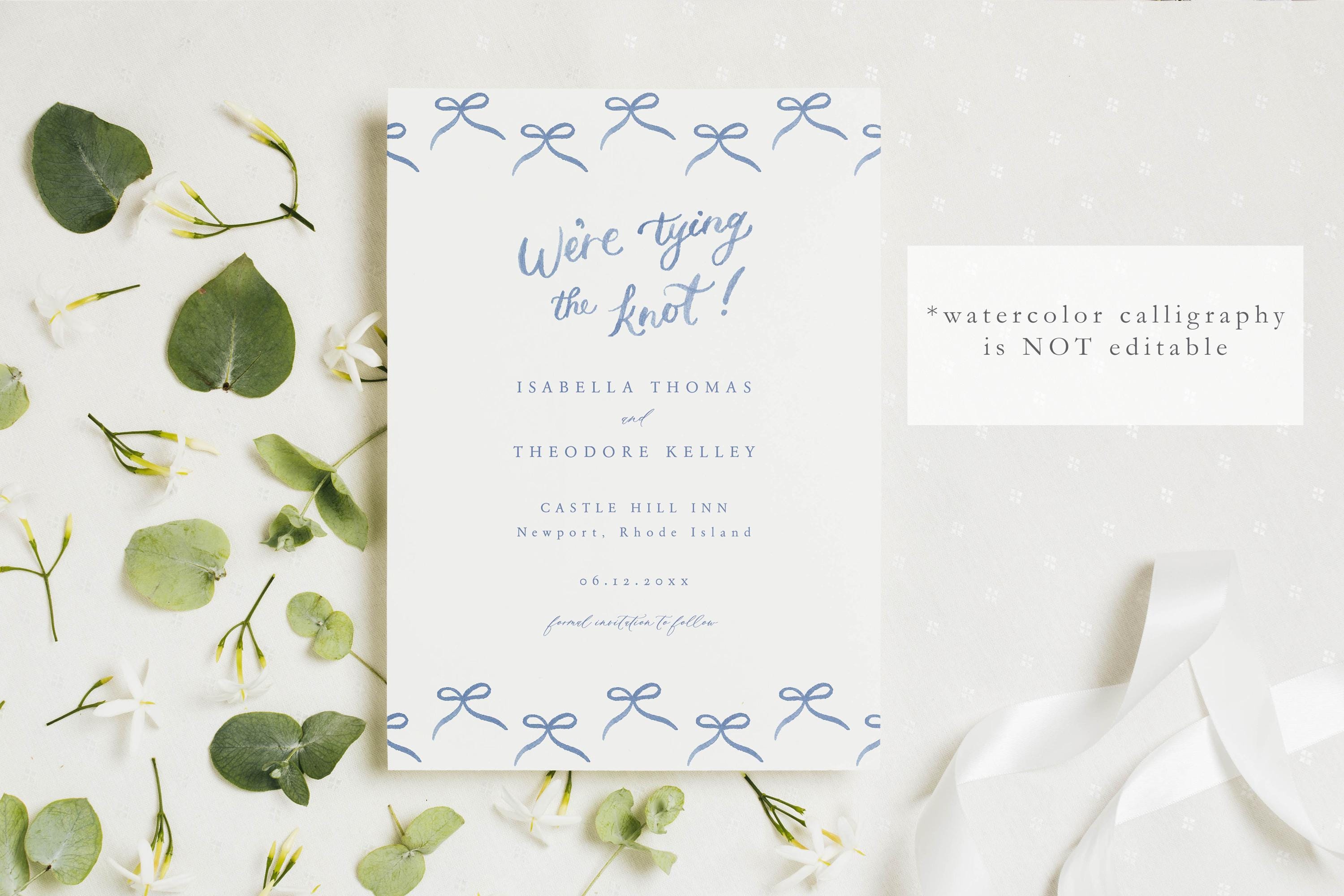 Dainty Blue Bow Save the Date Template, Tying the Knot Wedding Invite ...