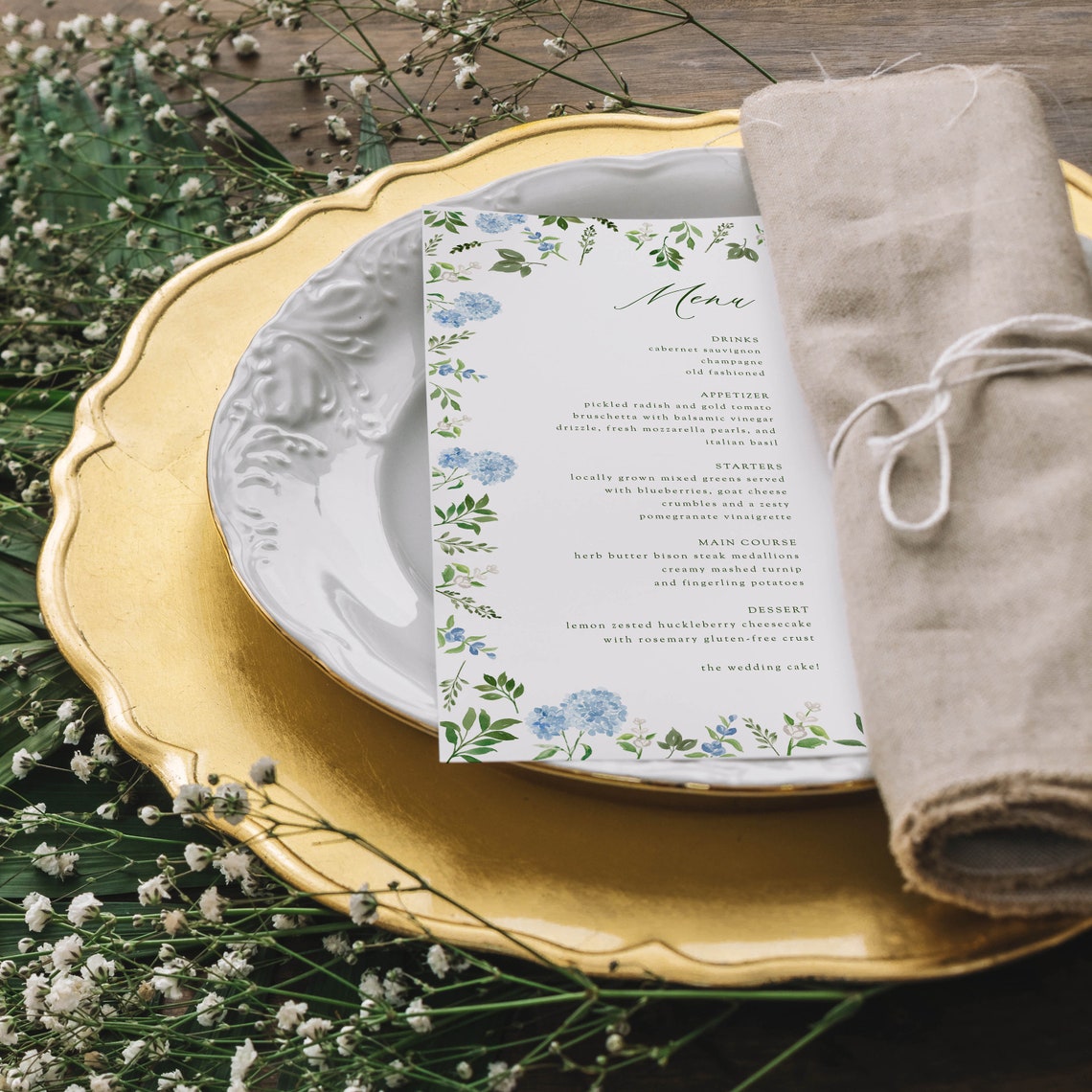 Blue Floral Wedding Menu Template, Hydrangea Wedding Menu, Botanical ...