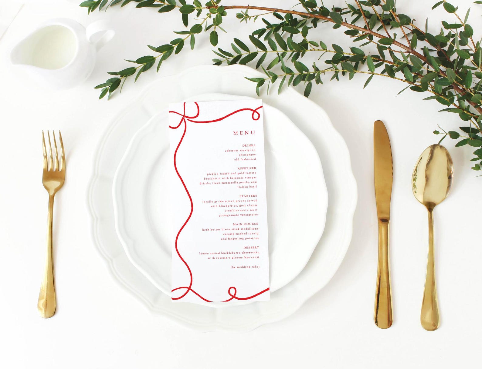 Hand Drawn Red Bow Wedding Menu Template, Wavy Bow Rehearsal Dinner ...