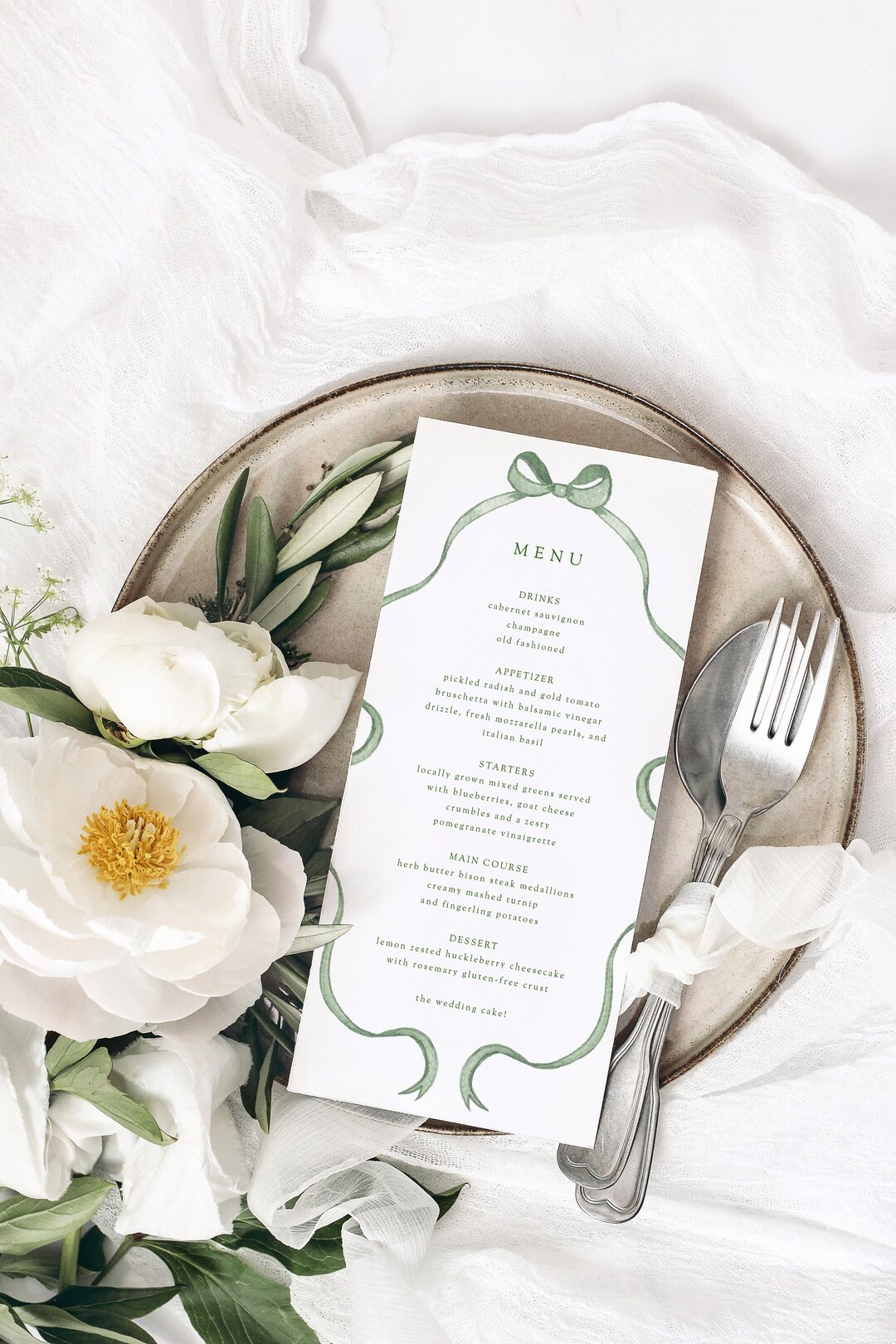 Green Bow Wedding Menu Template, Wavy Ribbon Rehearsal Dinner Menu ...