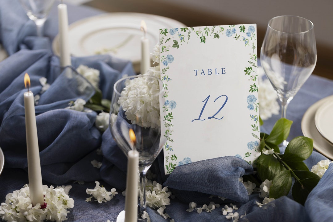 Blue Floral Wedding Table Numbers, Hydrangea Table Number Template ...
