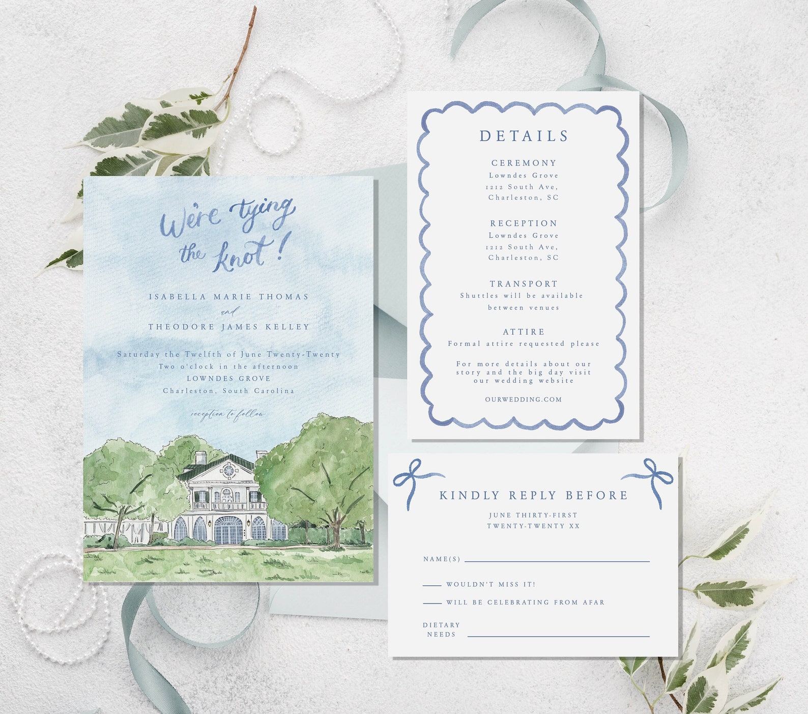 Lowndes Grove Charleston Wedding Invitation Template, Watercolor Invite ...