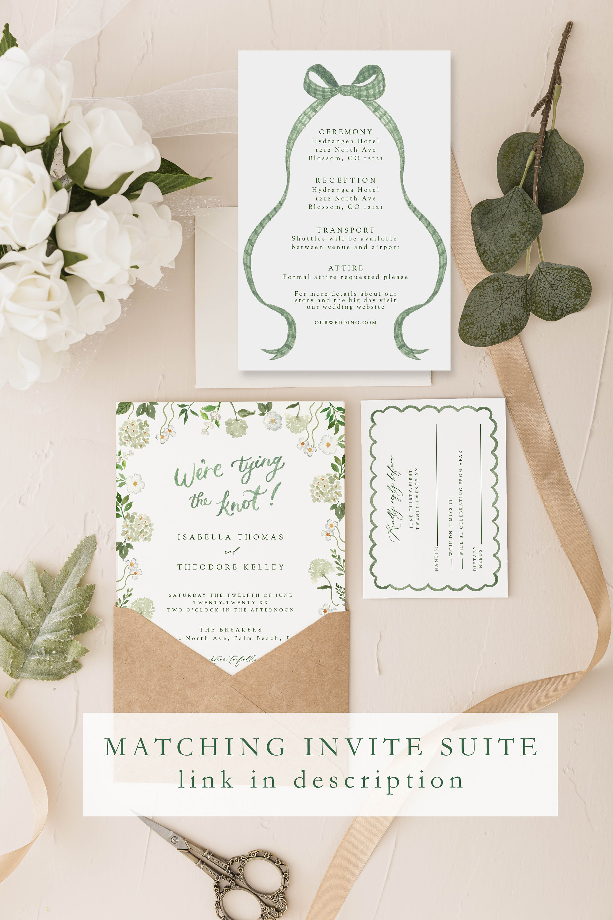 Green Bow Wedding Menu Template, Wavy Ribbon Rehearsal Dinner Menu ...