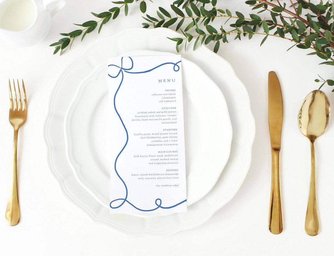 Blue Wavy Wedding Menu TEMPLATE, Hand Drawn Bow Rehearsal Dinner Menu ...