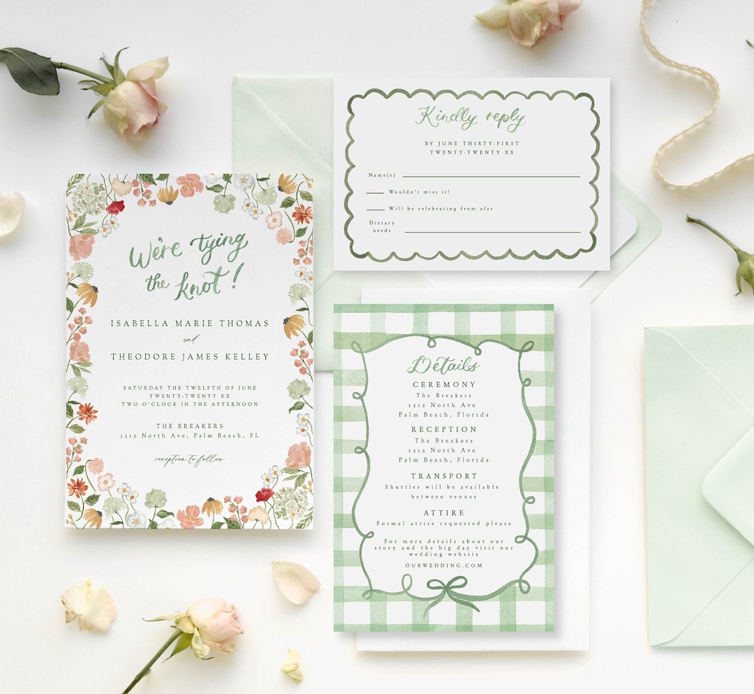 Blush Floral Wedding Invitation Template, Green Gingham Wedding Invite ...