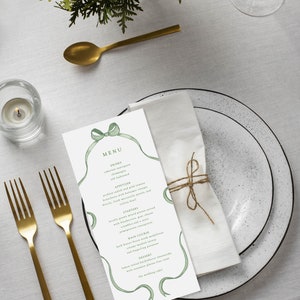 Green Bow Wedding Menu Template, Wavy Ribbon Rehearsal Dinner Menu ...