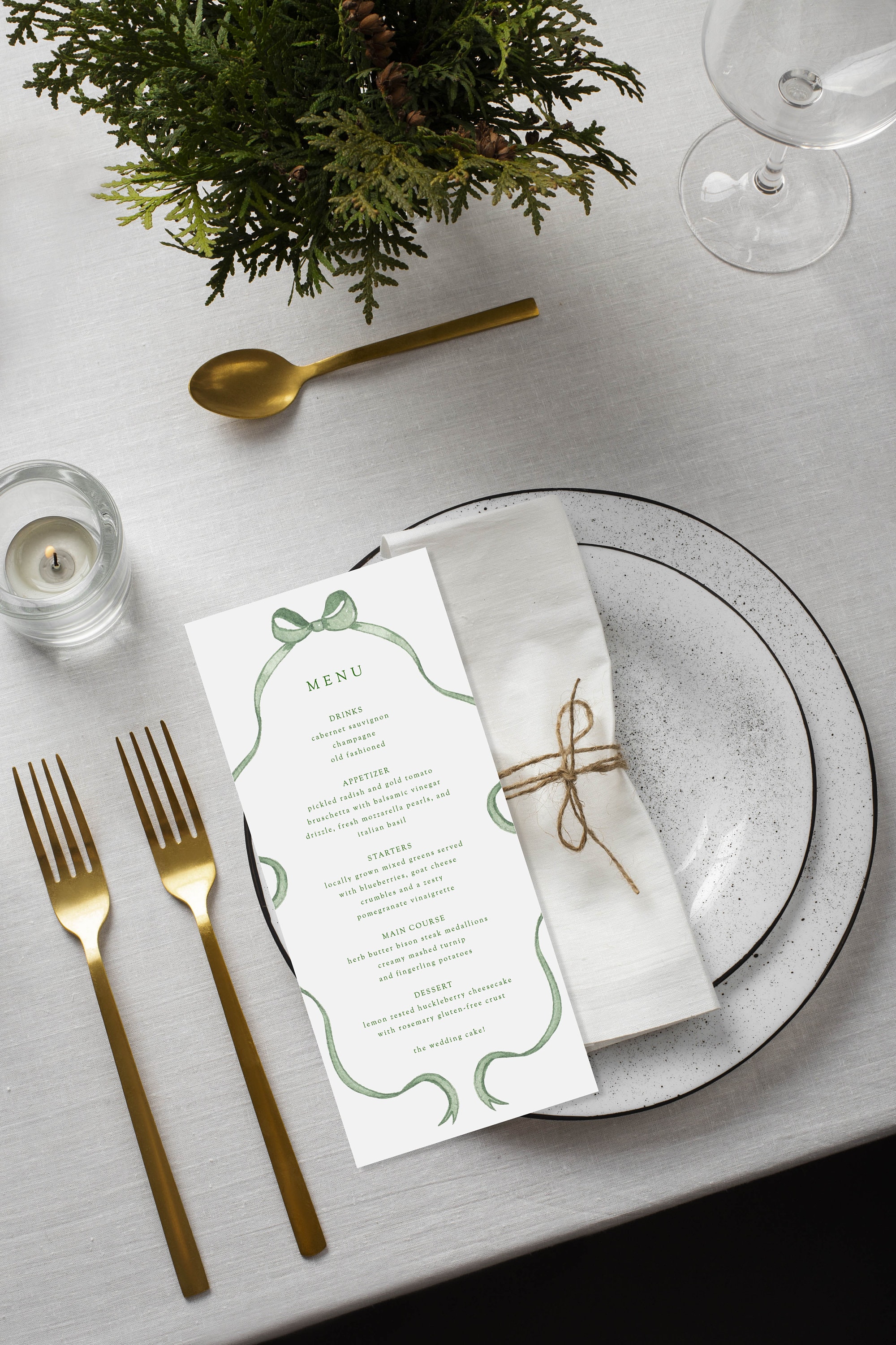 Green Bow Wedding Menu Template, Wavy Ribbon Rehearsal Dinner Menu ...