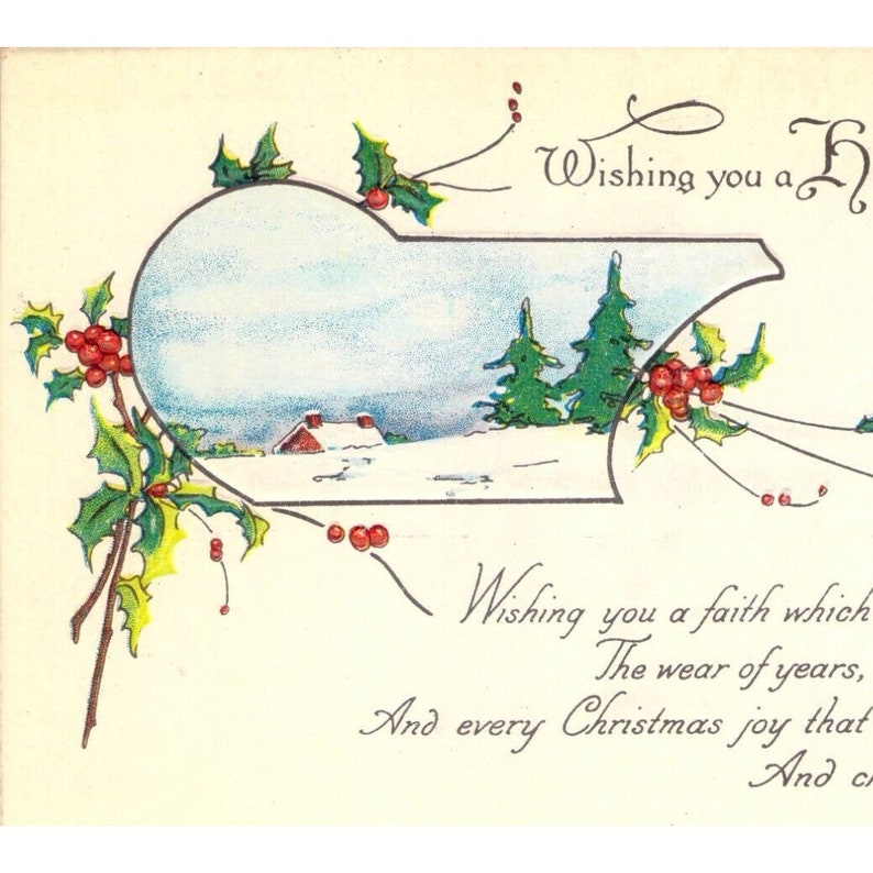 Christmas Greetings Postcard Circa 1910 Little Cabin in the Snow Winter Scene With Holly Berries ...