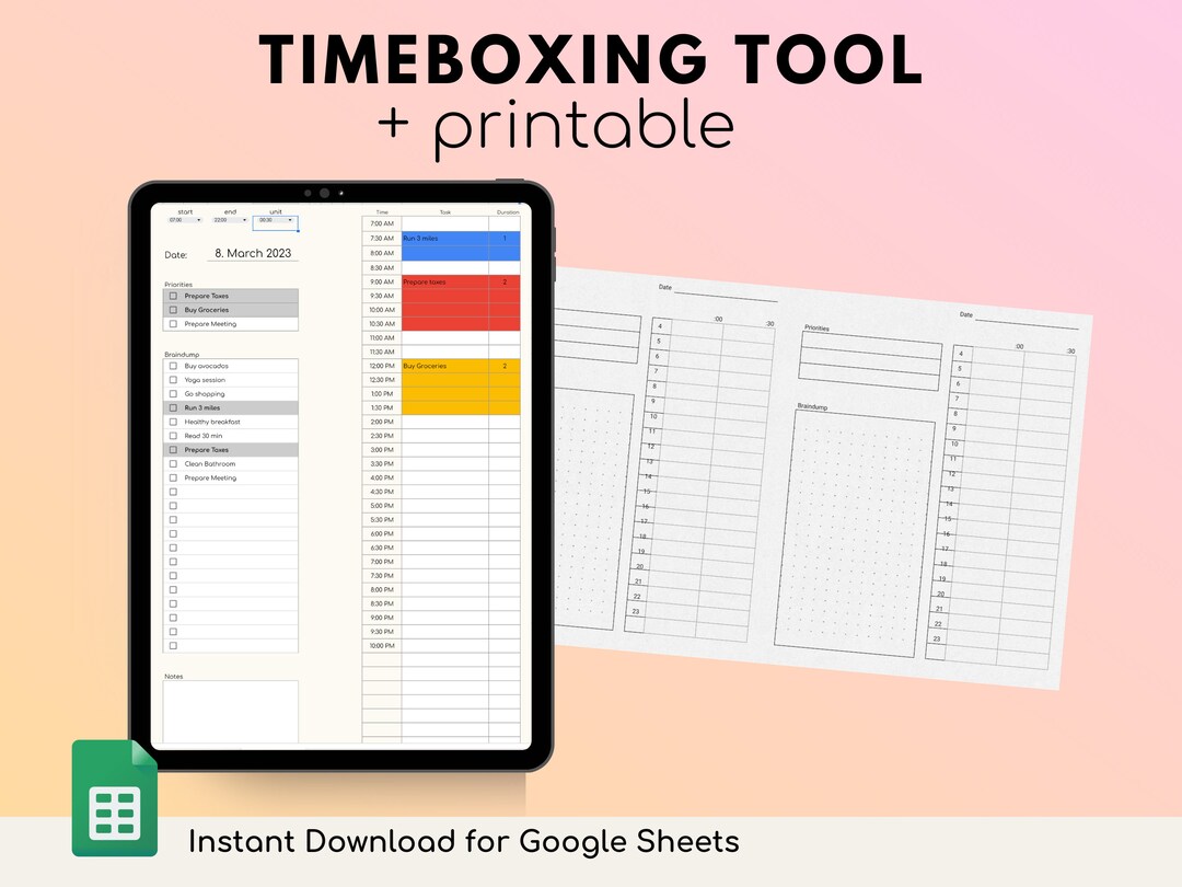 Timeboxing Spreadsheet a Productivity Tool for Google Sheets | Daily Task Timetable | Free ...
