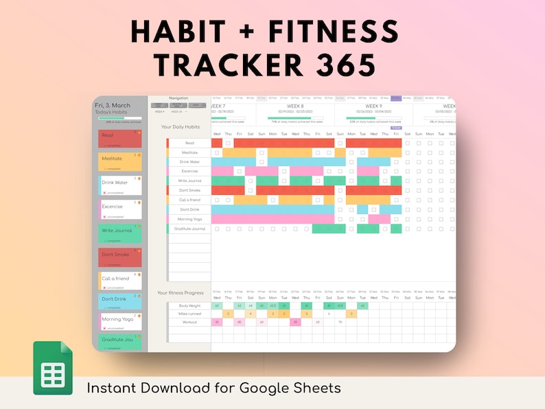Habit + Fitness Tracker Spreadsheet | 365 Days ADHD Colorblock Design ...