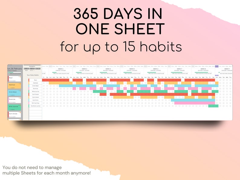 365 Days Habit Tracker Spreadsheet | ADHD Colorblock Design | Simple ...