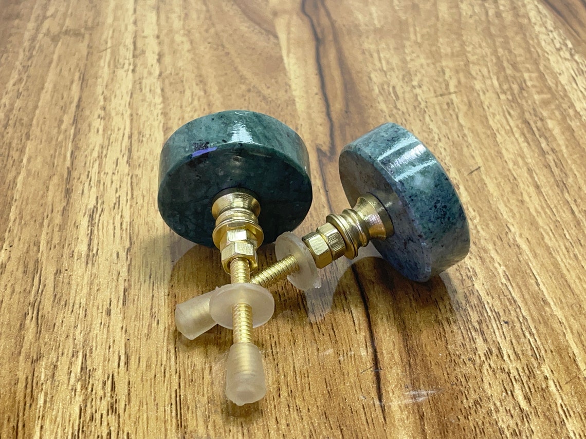Jade Round Stone Door Knob / Solid Marbled Grey Green Circular Stone Cupboard Door Handle ...