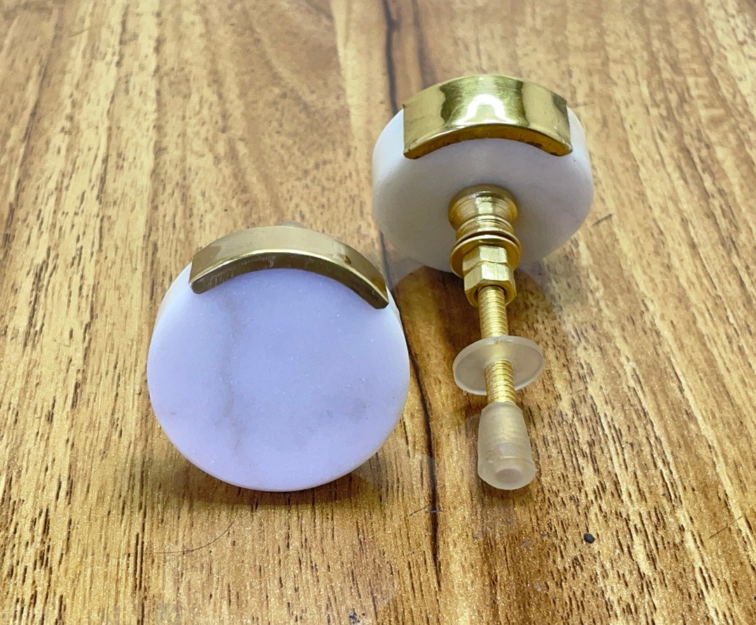 Solid Stone Marble Drawer Door Knobs With Gold Brass Trim / White Stone Cupboard Handles ...