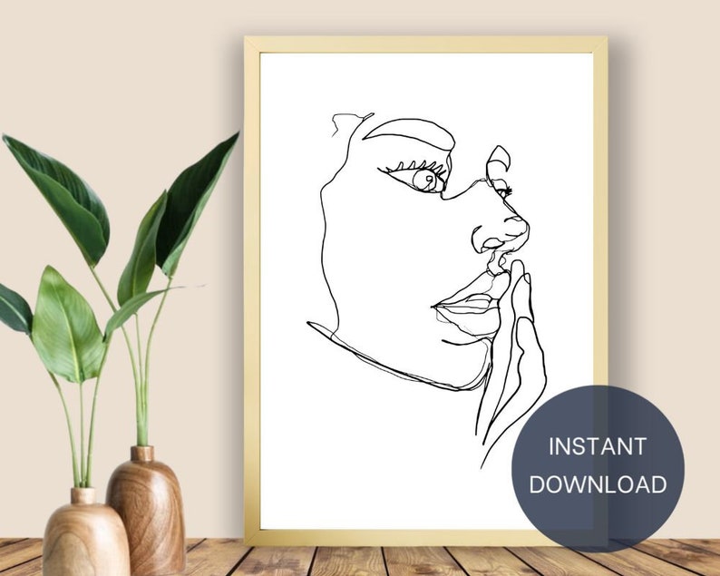 Line Wall Art | Female Face Lips Line Drawing | Printable Wall Art ...