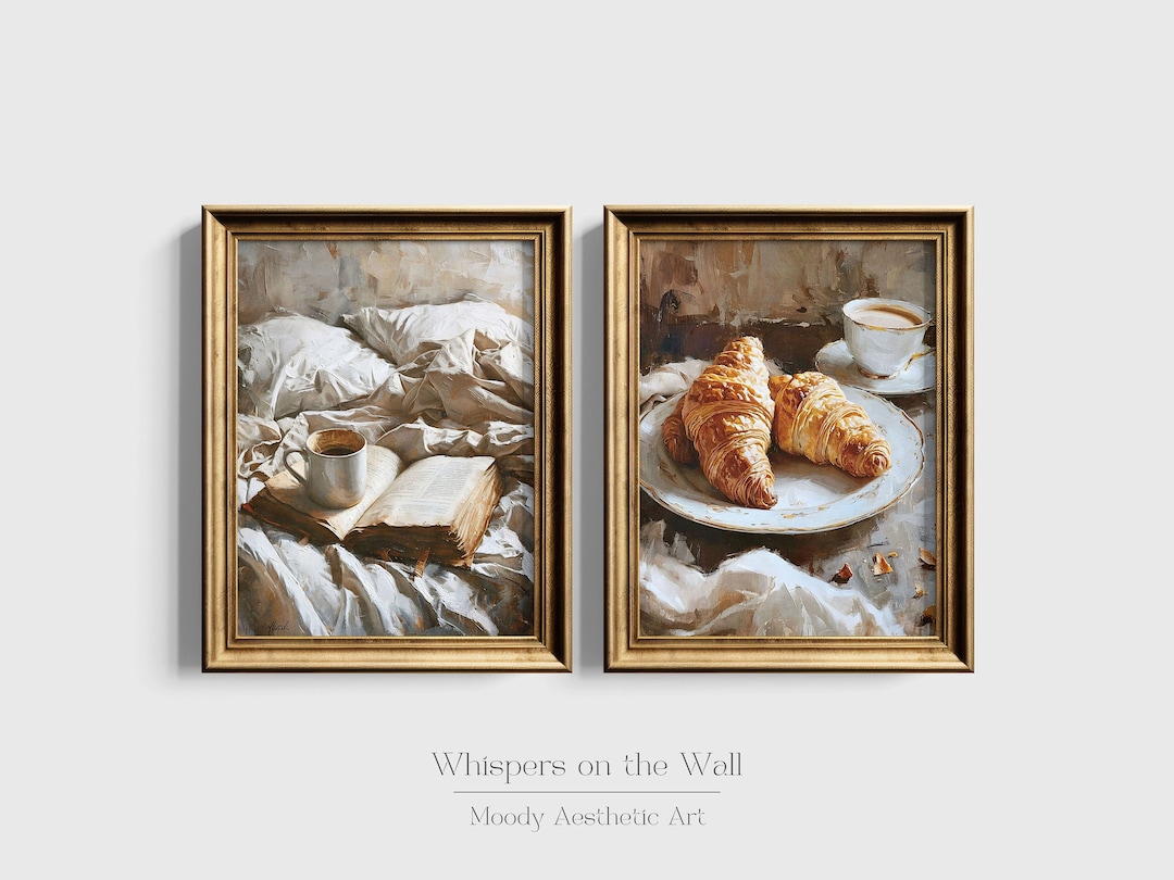 Coffee and Croissants Digital Print Neutral Coffee Art Set Moody ...